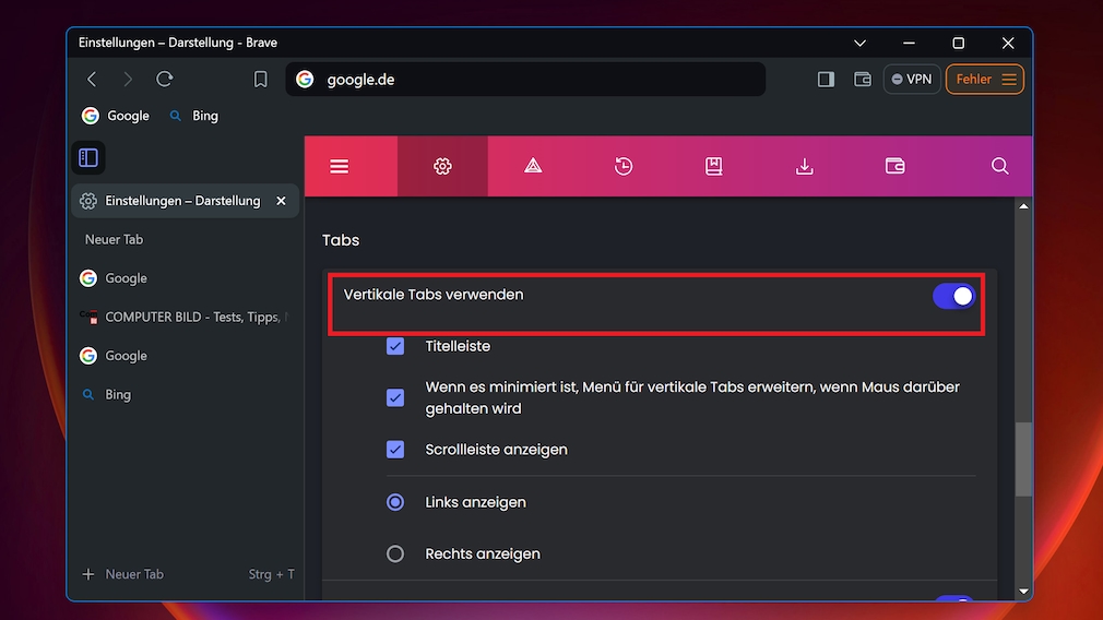 Brave Browser: Vertikale Tabs aktivieren - COMPUTER BILD